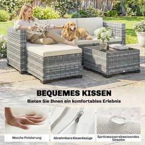 Polyratanový zahradní nábytek 5dílný, lounge set s rohovou pohovkou s taburetem, sedákem a opěrnými polštáři šedý+krémově bílý