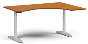 Výškově nastavitelný stůl OBOL, elektrický, 675-1325 mm, ergonomický pravý, deska 1600x1200 mm, bílá zaoblená podnož, třešeň