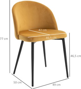HOMCOM Sada 2 Sametových Čalouněných Jídelních Křesel s Polstrovaným Opěradlem a Kovovými Nohami, Nosnost 90 kg pro Obývací Pokoj 49x50x77 cm Camel