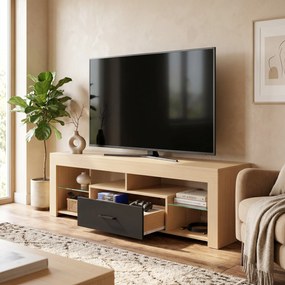 HOMCOM TV nízká komoda pro televizi až 65 palců, moderní televizní skříňka s nastavitelnými skleněnými policemi, dub