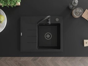 Mexen Ben, 1-komorový granitový dřez 600x500x190 mm, pravý + černý sifon, černá, 6523605000-77-B