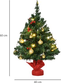 HOMCOM Mini vánoční ozdoba na vánoční stromek Vánoční dekorace, včetně vánočních ozdob a LED světýlek 60 cm, vícebarevné