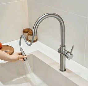 Rea Fresh High, kuchyňská baterie s výsuvnou sprškou, broušená ocel, REA-B6330