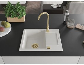Mexen Enzo, 1-komorový granitový dřez s odkapávačem 58x47 cm a kuchyňskou baterií Telma, bílá, 6506-20-670200-50