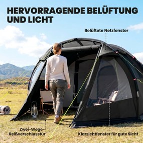 Outsunny tunelový stan pro 4 osoby, 2 místnosti, UV ochrana, 2000 mm vodní sloupec, vodotěsný a přenosná taška, černý | Aosom.de