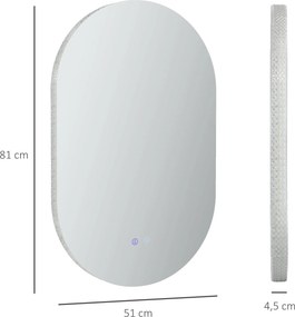 kleankin oválné osvětlené LED nástěnné zrcadlo do koupelny 81 x 51 cm, 3 barvy, nastavitelná jasnost, dotykový spínač, průhledné