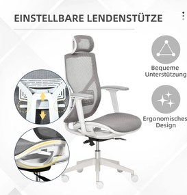 Kancelářská židle Vinsetto s opěrkou hlavy, bederním polštářem a 3D područky – 3 nastavení, 360° otočná kola, výškově nastavitelná, ergonomická, šedá…