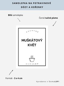 Samolepka na kořenky MUŠKÁTOVÝ KVĚT bílá 3 × 4 cm tučné písmo