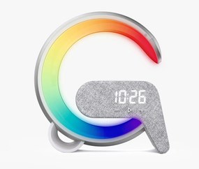 LED relaxační lampička Immax FLAMINGO s QI nabíjením, budík, RGB, USB výstup,BT, stříbrná