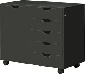 HOMCOM kancelářský vozík s 5 zásuvkami, 1 dveřmi a nastavitelnou policí, stojan na tiskárnu na kolečkách, 78x40x66,5 cm, černý