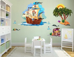 Barevná dekorační nálepka na zeď pirátská loď s pokladem