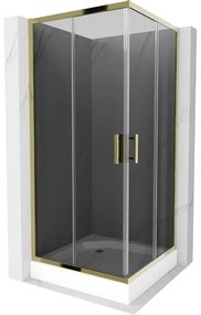 Mexen Rio, čtvercový sprchový kout s posuvnými dveřmi 90 (dveře) x 90 (dveře) x 190 cm, 5mm šedé sklo, zlatý profil + černá sprchová vanička RIO, 860-090-090-50-40-4510