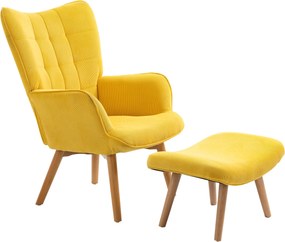 HOMCOM polohovatelné křeslo lounge wing chair s taburetem ve žluté barvě, křeslo s dřevěnými nohami, vzhled šňůry pro příjemné posezení