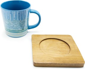 Porcelánový hrnek Blue Wave s akáciovým podšálkem, modrý, 350 ml – motiv oceánu, vln a mořských hřebenů