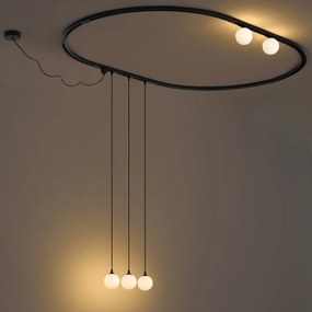 Moderní oválný kolejnicový systém černý se 3 závěsnými svítidly a 2 stropními svítidly bílý 1-fázový - Iconic Perle
