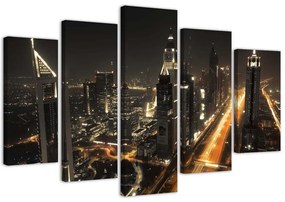Obraz na plátně pětidílný, Panorama z Dubaje v noci - 200x100 cm