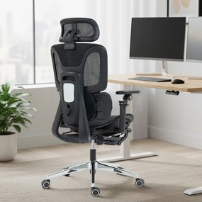HOMCOM ergonomická kancelářská židle — nastavitelná bederní opora a opěrka hlavy, 5D područky, dělené opěradlo, výsuvná opěrka nohou, výškově nastavi…