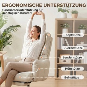 HOMCOM ergonomické kancelářské křeslo s podnožkou — krémově bílý flanel, silné čalounění, vysoké opěradlo, výškově nastavitelné