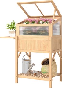 Outsunny vyvýšený záhon s pařeništěm — vyvýšený truhlík z borovicového dřeva se skládacím stolem a policí, 104 × 50 × 120 cm — přírodní | Aosom