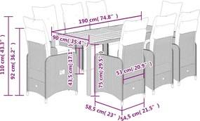 9dílný zahradní bistro set s poduškami šedý polyratan 3277162