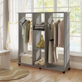 HOMCOM Šatní skříň s tyčí na oblečení, mobilní úložný nábytek 6 koleček 120 x 40 x 128 cm, šedá