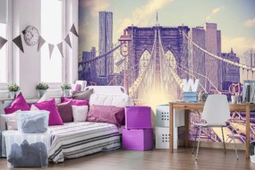 DIMEX | Samolepicí vliesová fototapeta na zeď Vintage obrázek Brooklyn Bridge MA-5-3002 | 375 x 250 cm | modrá, bílá, hnědá