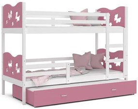 DOBRESNY Dětská patrová postel MAX 3 80x190 cm s bílou konstrukcí v růžové barvě s motýlky