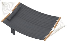 Outsunny prošívaná dvoumístná venkovní houpací síť s opěrkou hlavy, kapsou na časopisy a rozepřením z buku, 200 × 140 cm — šedá | Aosom