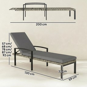 sada 2 lehátek polyratanové zahradní lehátko s 5směrně nastavitelným opěradlem s nosností do 120 kg světle šedá