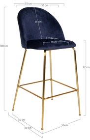 Sametová barová židle Louis tmavě modrá/mosazná