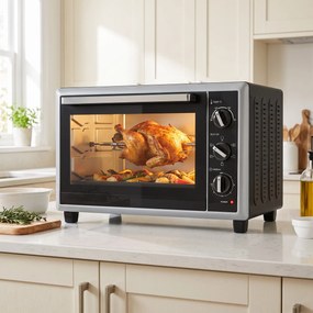 HOMCOM 46 L mini trouba s otočným špízem, ventilátorem, regulací teploty a časovačem, 1800 W, černá