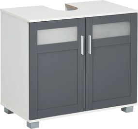 Kleankin Skříňka pod umyvadlo s 2 Dveřmi z Temperovaného Skla a Nastavitelnou Policí 69x35x59 cm Bílá a Šedá | Aosom