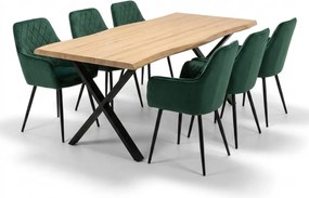 Vikio Jídelní set pro 6 osob 180x90 cm soft dub noha X zelená židle s područkami VJS228-6Z