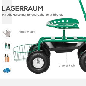 Zahradní vozík Outsunny, dílenský vozík, zahradní sedačka s otočným sedadlem, úložný koš, výškově nastavitelný, nosnost 150 kg, zelený, 81 x 44,5 x 4…