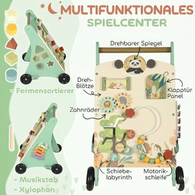 AIYAPLAY Dřevěný chodítko Montessori s regulací rychlosti, xylofonem, ozubenými koly a bludištěm s korálky, zelené