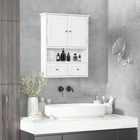 Kleankin Nástěnná skříňka do koupelny - Zavěsná skříňka s 2 dveřmi a 2 šuplíky pro moderní kuchyň 50,8x17,8x66 cm Bílá