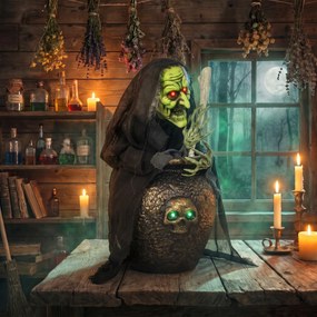 HOMCOM Animovaná halloween stolní čarodějnice se zvukem smíchu, svítícíma očima a zvukovou/touch aktivací