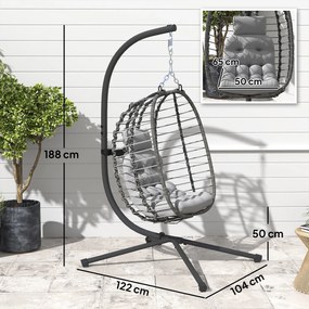 Skládací závěsné křeslo Outsunny z pletené pryskyřice se stojanem, závěsné vajíčko, houpací křeslo, polštář a podhlavník, nastavitelné výšky, ocelová…