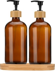 Dávkovač saponátu a mýdla Dallas, hnědá/s černými a dřevěnými prvky, 500 ml, sada 2 ks