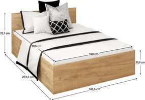 Postel s kovovým roštem a úložným prostorem, 140x200, dub craft zlatý, DOLI