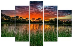 Obraz na plátně pětidílný Západ slunce u jezera - 150x100 cm