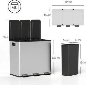 HOMCOM Kuchyňský Odpadkový Koš s 3 Přihrádkami 3x15L Nerezová Ocel s Měkkým Uzavíráním a Odnímatelnými Přihrádkami pro Recyklaci Odpadu