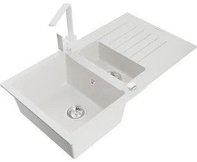 Mexen Matias, granitový dřez 900x505x200 mm, 1,5-komorový a bílá baterie Rita, bílá, 6502-20-670300-20
