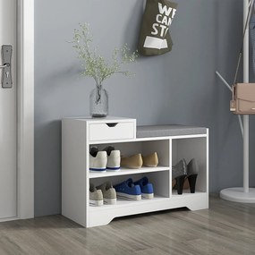 HOMCOM Botníková lavice, úložná lavice, 1 zásuvka a 3 přihrádky, nábytek do předsíně s polstrovaným sedákem, pro chodbu, předsíň, ložnici, 76,5 x 30 …