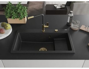 Mexen Omar, 1-komorový granitový dřez 800x480x210 mm, černá-stříbrná metalíza, zlatý sifon, 6520801005-73-G