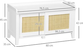 HOMCOM Botník se Sedadlem, Botový Kabinet se Sedací Ploché 2 Ratanové Dveře, Bohemian Styl, Nosnost 130 kg, pro Předsíň, 80x35x45 cm Bílá a Přírodní