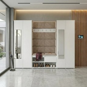 Předsíňová stěna Trinity 10 s čalouněnými panely, 280 cm, bílá / tmavě krémová