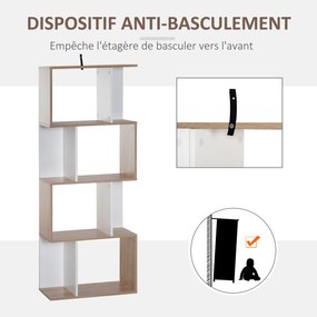 HOMCOM Moderní Regál S Tvarovým Designem, 4 Poličky, 60 Š x 24 H x 148 V cm, Dub Bílý | Aosom