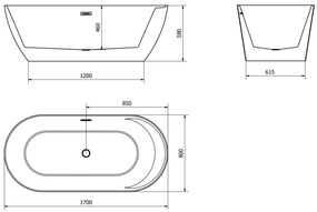 Mexen Laura, volně stojící vana 170 x 80 cm + chromová zátka a sifon automat, bílá, 53401708000