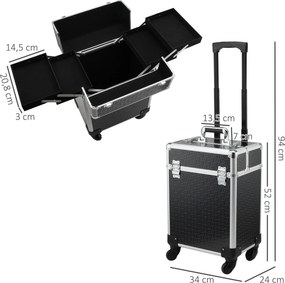 HOMCOM Kosmetický Vozík na Make-up s Telescopickým Držadlem - Nastavitelný, 34L x 24W x 52H cm, Hliník Černý